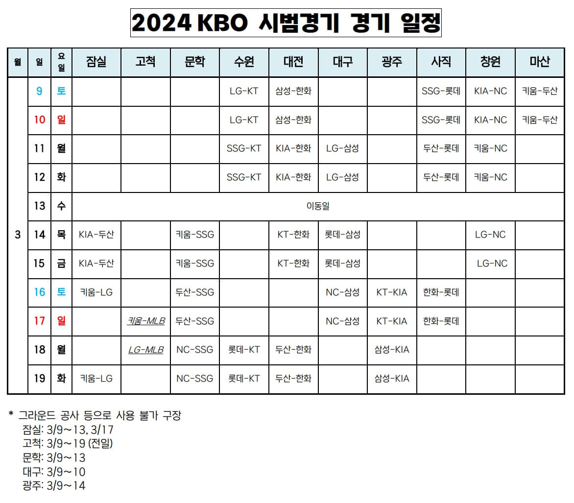 2024년 KBO 프로야구 시범경기 일정 및 예매 방법은?